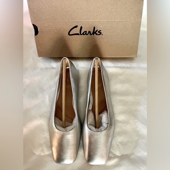 Clarks | Shoes | New In Box Clarks Leather Metallic Silver Square Toe ...